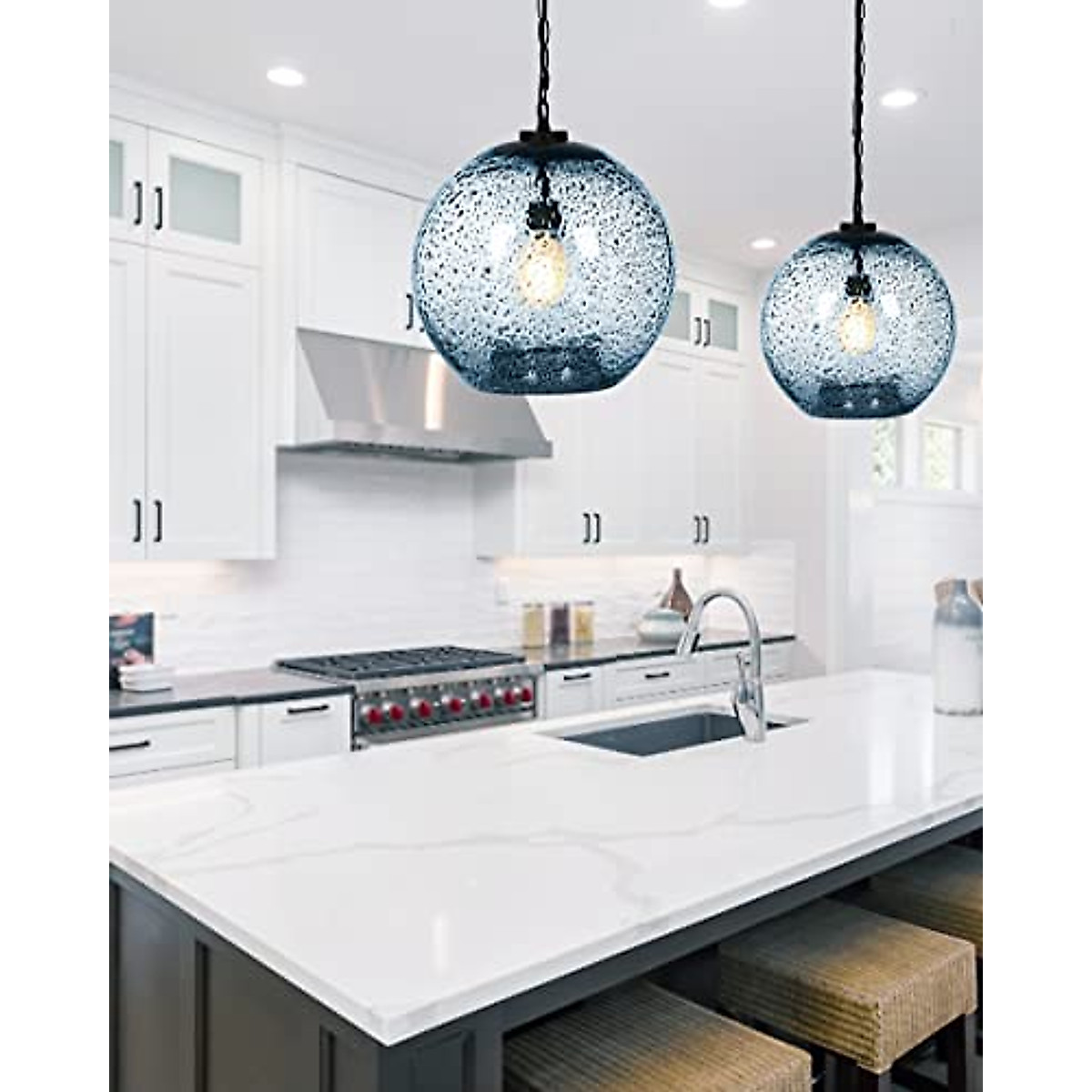 CASAMOTION Pendant Light fixtures Entryway Ceiling Hanging Glass Pendant Lighting Over Dining Room Table Modern Farmhouse Marble Blue Globe Shade lamp Kitchen Island 13" H