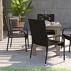 Flash Furniture Indoor/Outdoor Dining Chairs with Arms Wicker Wrapped Steel Frames, 4 Pack, Espresso