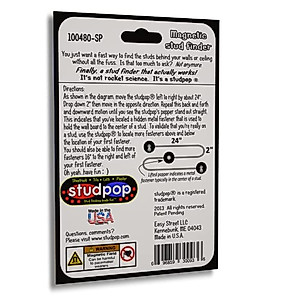 StudPoP Original Magnetic Stud Finder. Orange. Finds metal fasteners holding the wall to the studs. 1" diam moving magnet gives an audible click and a visual movement when fastener is found.