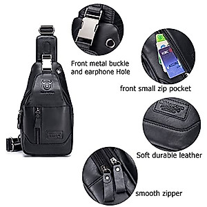 BULLCAPTAIN Genuine Leather Sling Chest Bag Multi-pockets Men Crossbody Bag Travel Casual Small Shoulder Backpack (Black)