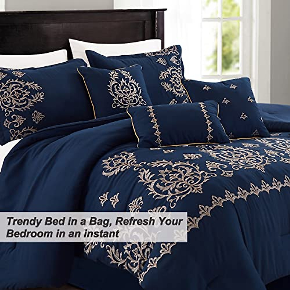 Merry Home Bedding Comforter Sets - Bed in A Bag California King Size Comforter Set(400GSM), 7 Pieces Comforter Set Soft and Comfortable for All Season (Navy, Cal King)