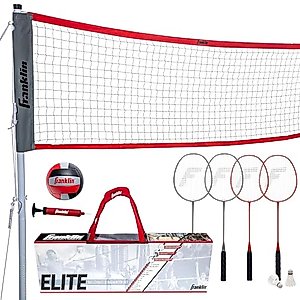 Franklin Sports Elite Badminton Volleyball Combo Net Set - Includes Volleyball,Badminton Rackets,Birdies, Poles/Net, Stakes, Ropes, Boundary Kit - Beach or Backyard Badminton - Easy Setup
