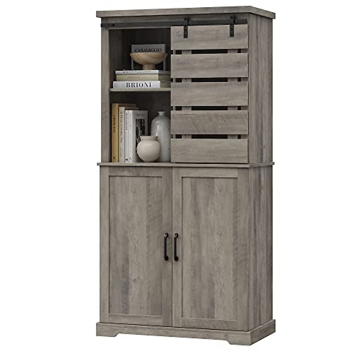 HOSTACK Tall Farmhouse Storage Cabinet, Sliding Barn Door Kitchen Cabinet with Adjustable Shelves, Freestanding Bookcase Buffet Cabinet for Kitchen, Dining Room, Living Room, Home Office, Ash Grey
