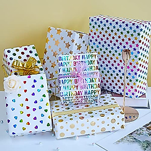 Gift Wrapping Paper Birthday, 6 Sheets Metallic Foil Wrapping Paper Set Colorful Gold Heart Dots Star Happy Birthday Wrapping Paper for Women Men, Gift Wrapping Paper for Any Occasions, 27x19 Inches