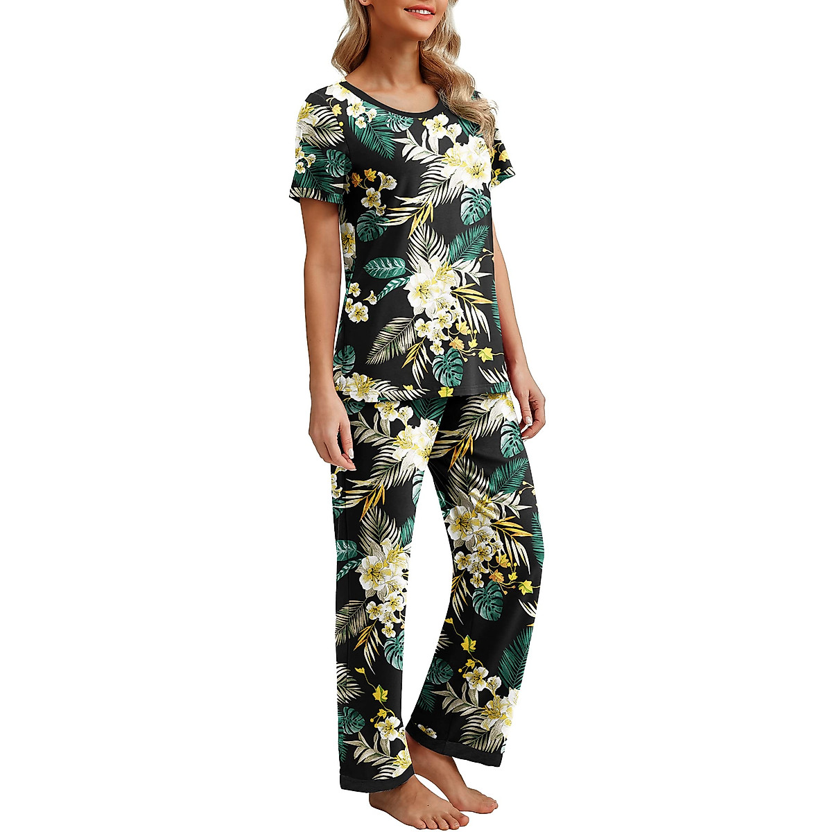 PrinStory Womens Pajama Sets 2025 Short Sleeve Pajama Sets for Women 2 Piece Lounge Set Ladies Soft Pjs FP-Green Leaf Lily-L