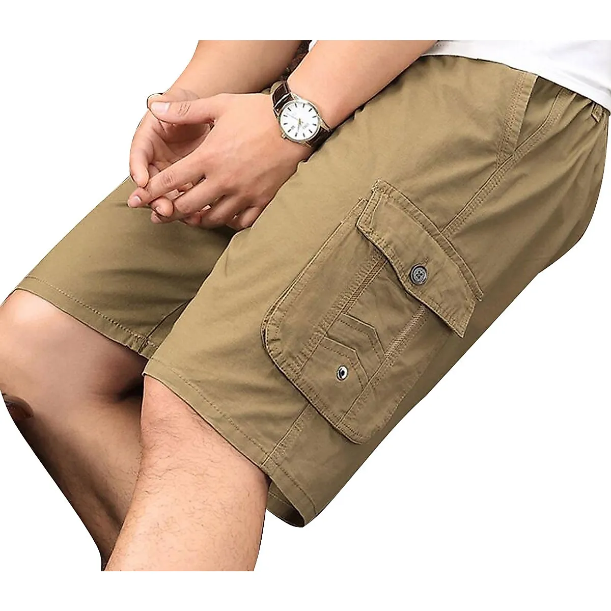 YangguTown Men's Cotton Lightweight Loose Fit Cargo Shorts Full Twill Elastic Waist Drawstring Shorts Khaki 36