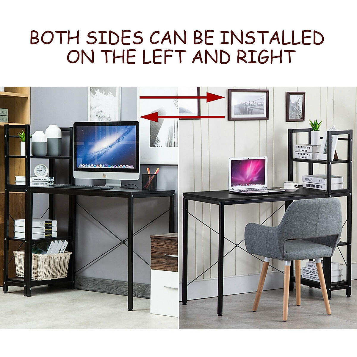 TimmyHouse Table Computer Desk with 4 Tier Bookshelves Multipurpose Study Home Office