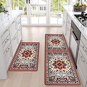 ASPMIZ Kitchen Mats Cushioned Anti Fatigue 2 Piece Set Boho, Washable Kitchen Rugs Non Slip Farmhouse, Bohemian Kitchen Floor Mats for in Front of Sink Waterproof, 17'' x 47'' + 17'' x 30'', Red