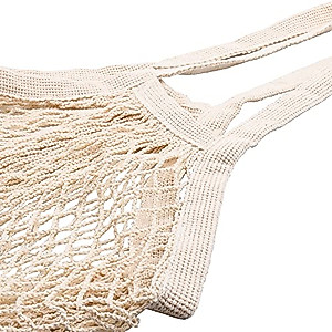 [2 Pack] Premium Mesh Grocery Bags, Reusable Produce Bags, Long Handle Net Tote Bags, 100% Cotton String Bags, Fruit and Vegetable Bags, Beige (Portable/Washable/Durable)