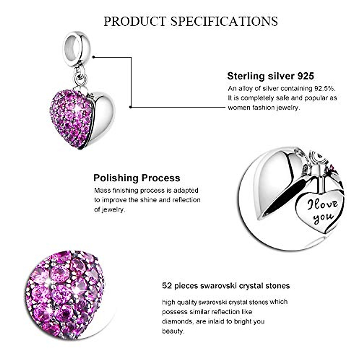 GW 925 Sterling Silver Love Heart Charms Fit Snake Chain Bracelets Pendant for Necklace for Women (Pink-I love you)