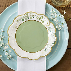 Kate Aspen Sage Green Party Decorations, Eucalyptus Floral Print 7 in. Decorative Premium Paper Plates (350 GSM weight -Set of 16) - Perfect for Greenery Baby Shower & Bridal Showers