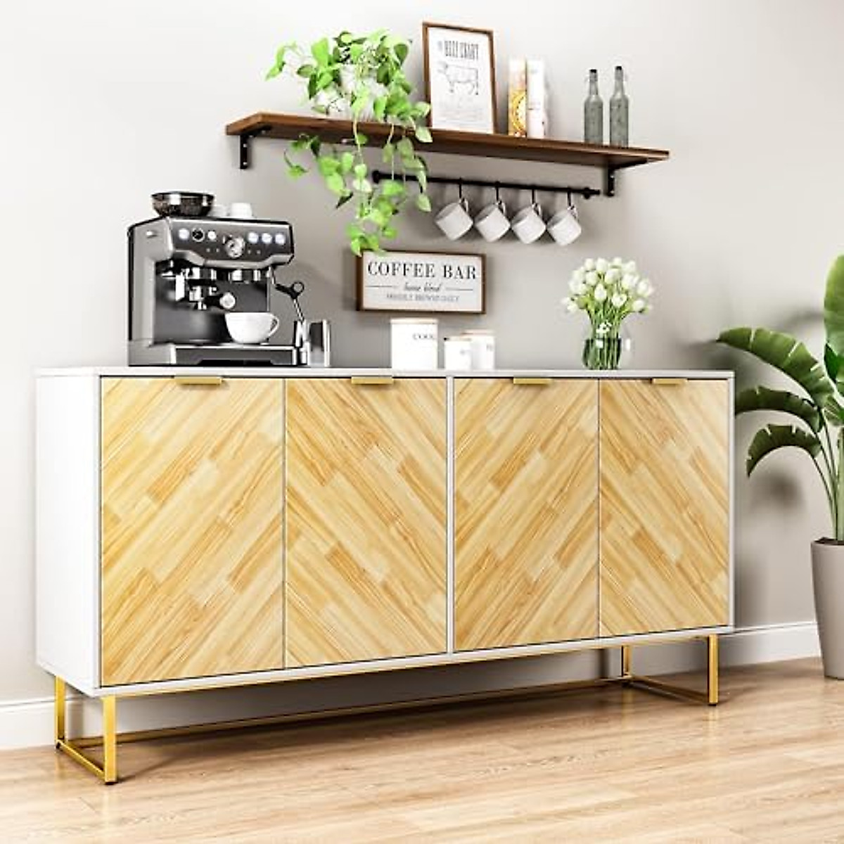 4 EVER WINNER Sideboard Buffet Cabinet, 55" Modern Credenzas Storage Cabinet with 4 Doors, Wood Buffet Storage Cabinet with Adjustable Shelves for Living Room Hallway, White and Gold