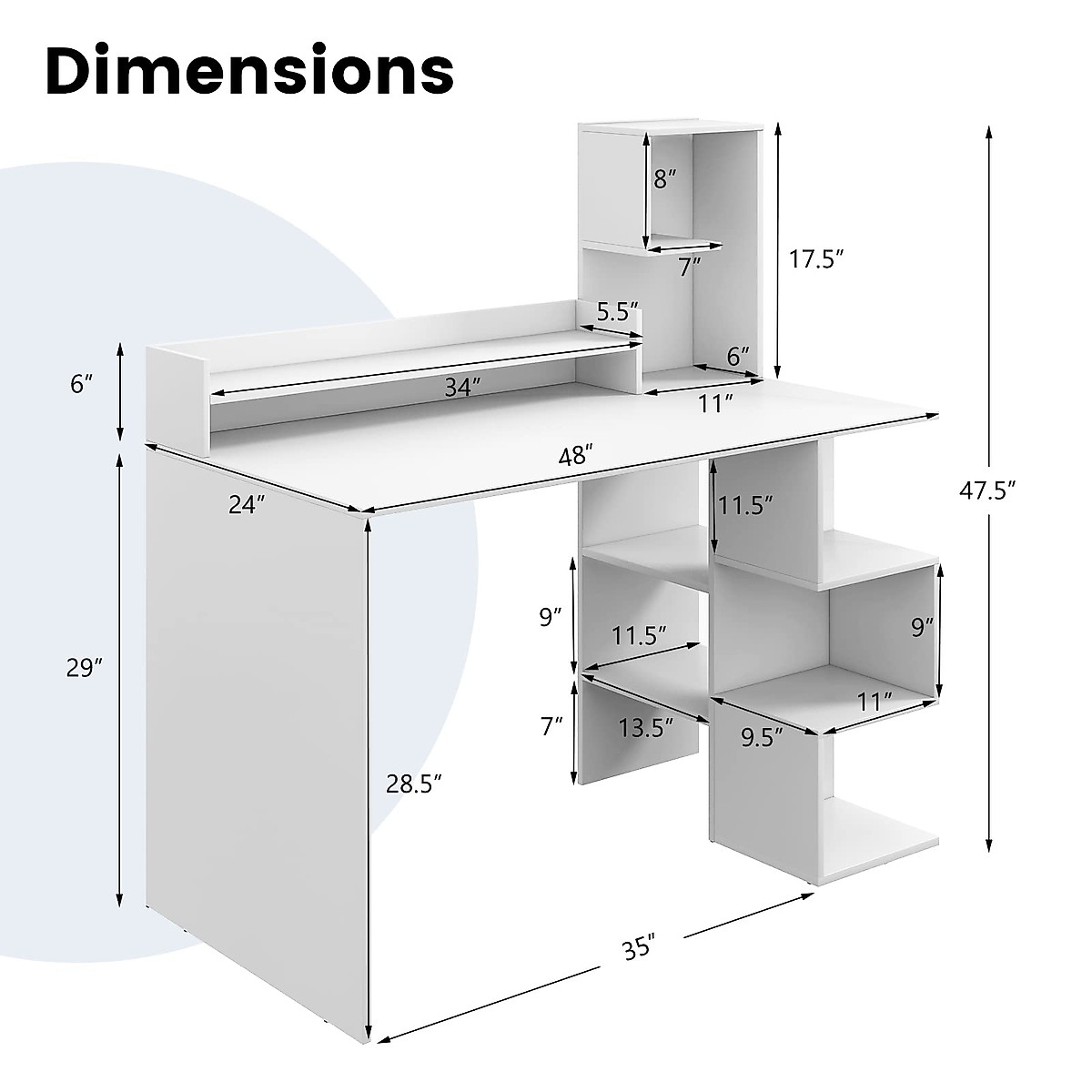Tangkula White Desk with Storage Bookshelf & Hutch, 48” Modern Home Office Desk with 8 Storage Shelves, Space Saving Writing Study Desk for Bedroom, Compact Computer Workstation for Home
