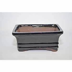 Bonsai Ceramic Pot 6" Rectangle Shape, Black Pot with draining Holes.