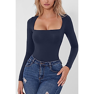QINSEN Bodysuit for Women Long Sleeve Sexy Square Neck Double Lined Shirt Estate Blue M