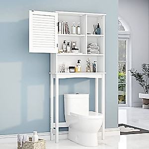 Merax, White Bathroom Over-The-Toilet Cabinet with Adjustable Shelf, Storage Rack, Shutter Door, Wood