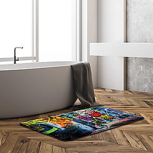 Modern Colorful Graffiti Bath Rug Creative Abstract Art Bathroom Mat Floor Carpet Messy Street Wall Urban Spray Hip Hop Doodles Culture Adventure Absorbent Doormat Bedroom Rugs