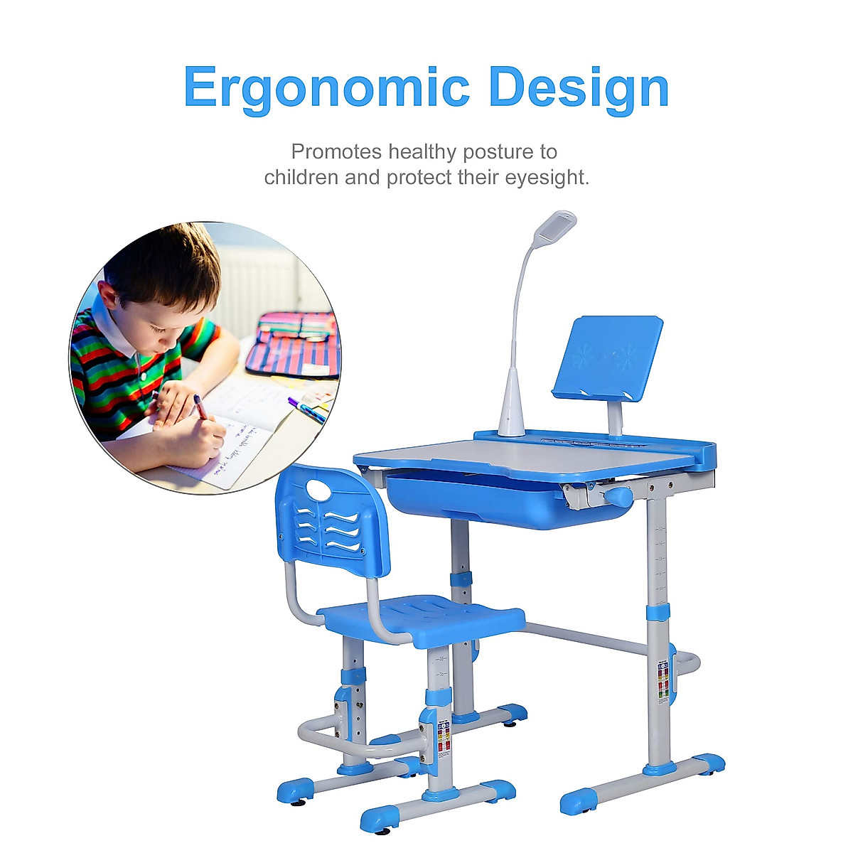 SMAGREHO Kids Desk and Chair Set, Height Adjustable Child's School Study Writing Tables with Tilt Desktop, LED Light, Storage Drawer, Book Stand (Pink)