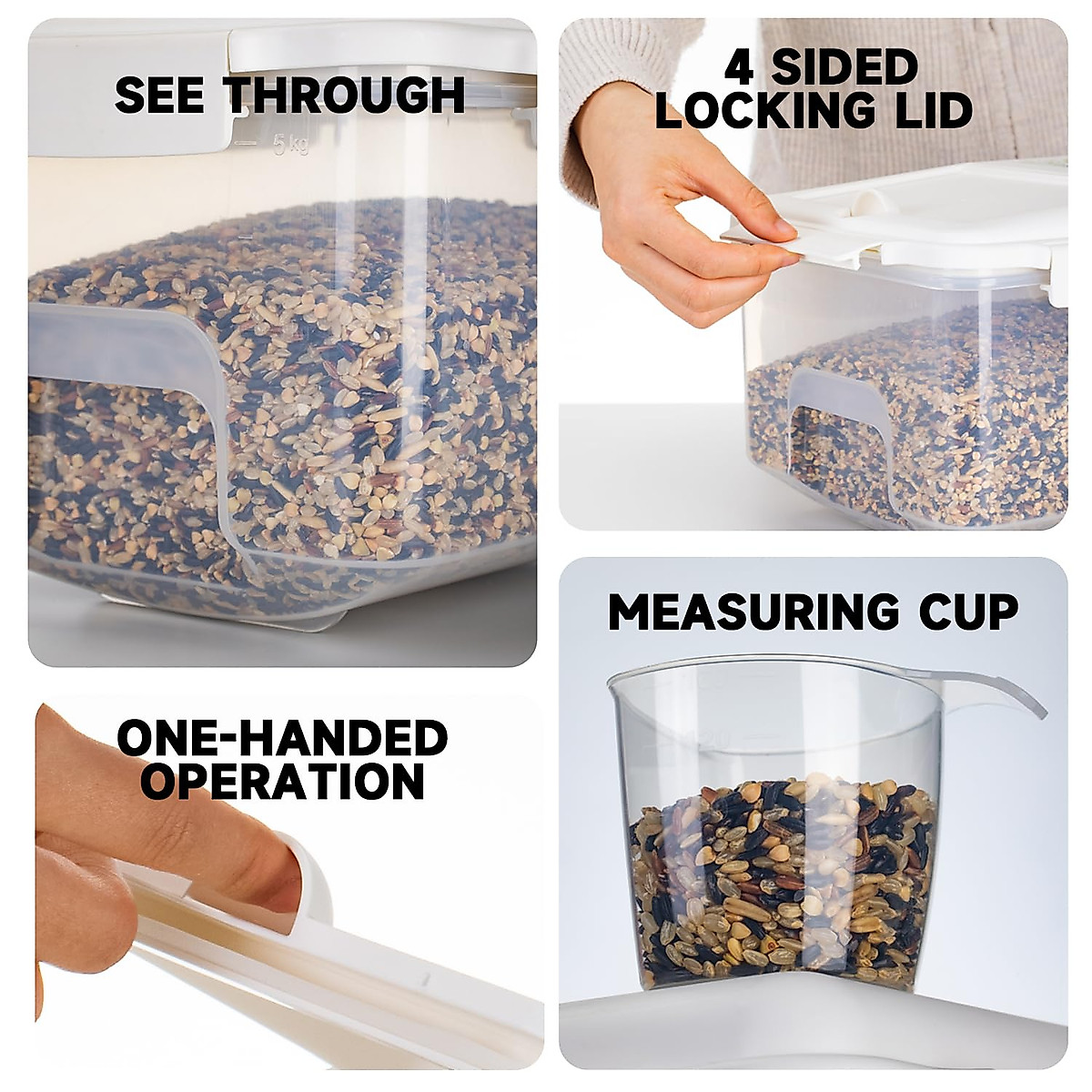 LivLab Mker Rice Storage Container 20 lbs - 15 lbs Airtight Flour Dispenser with Lids & wheel, BPA Free, kitchen organizers for Pet/Cat/Dog Food Storage Container (10 lbs), White