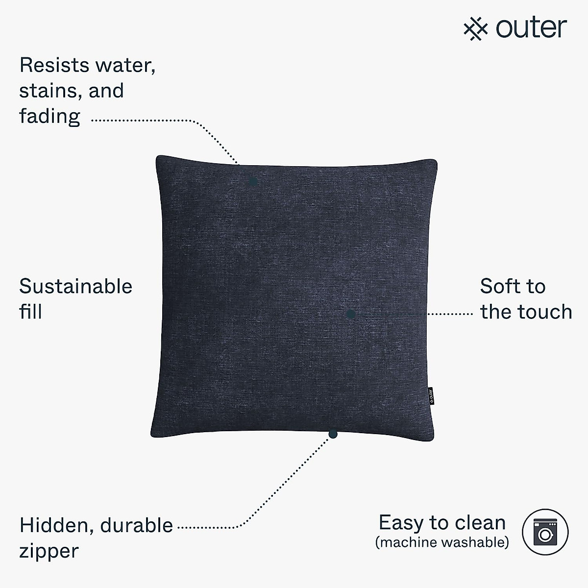 Outer Outdoor Throw Pillow with OuterWeave Performance Fabric, Decorative Outdoor Pillow for Patio & Outdoor Furniture, Includes Machine Washable Pillow Cover and Insert - Deep Sea Navy, 18"x18"