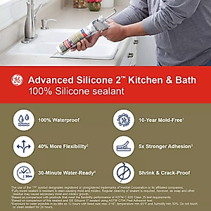 GE Sealants & Adhesives 281 Advanced Silicone 2 Kitchen & Bath Sealant, 2.8oz, White