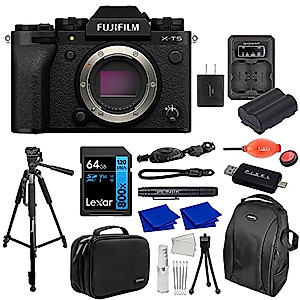 FUJIFILM X-T5 Mirrorless Digital Camera (Black) Body Bundle with Extra Battery & Charger Kit, Tripod, Backpack, Camera Case & More (14 Items) | USA Authorized with Fujifilm Warranty