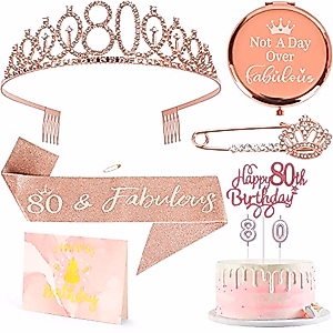 80th Birthday Decorations for Women, 80th Birthday Party Decorations Include 80th Birthday Crown, Sash, Compact Mirror, "80" Candles, Cake Topper, Pin, Card, Rose Gold 80th Birthday Gifts