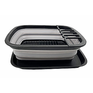 SAMMART 8L (2.11Gallons) Collapsible Dish Drainer with Drainer Board - Foldable Drying Rack Set - Portable Dinnerware Organizer - Space Saving Kitchen Storage Tray (Black/Alloy Grey)