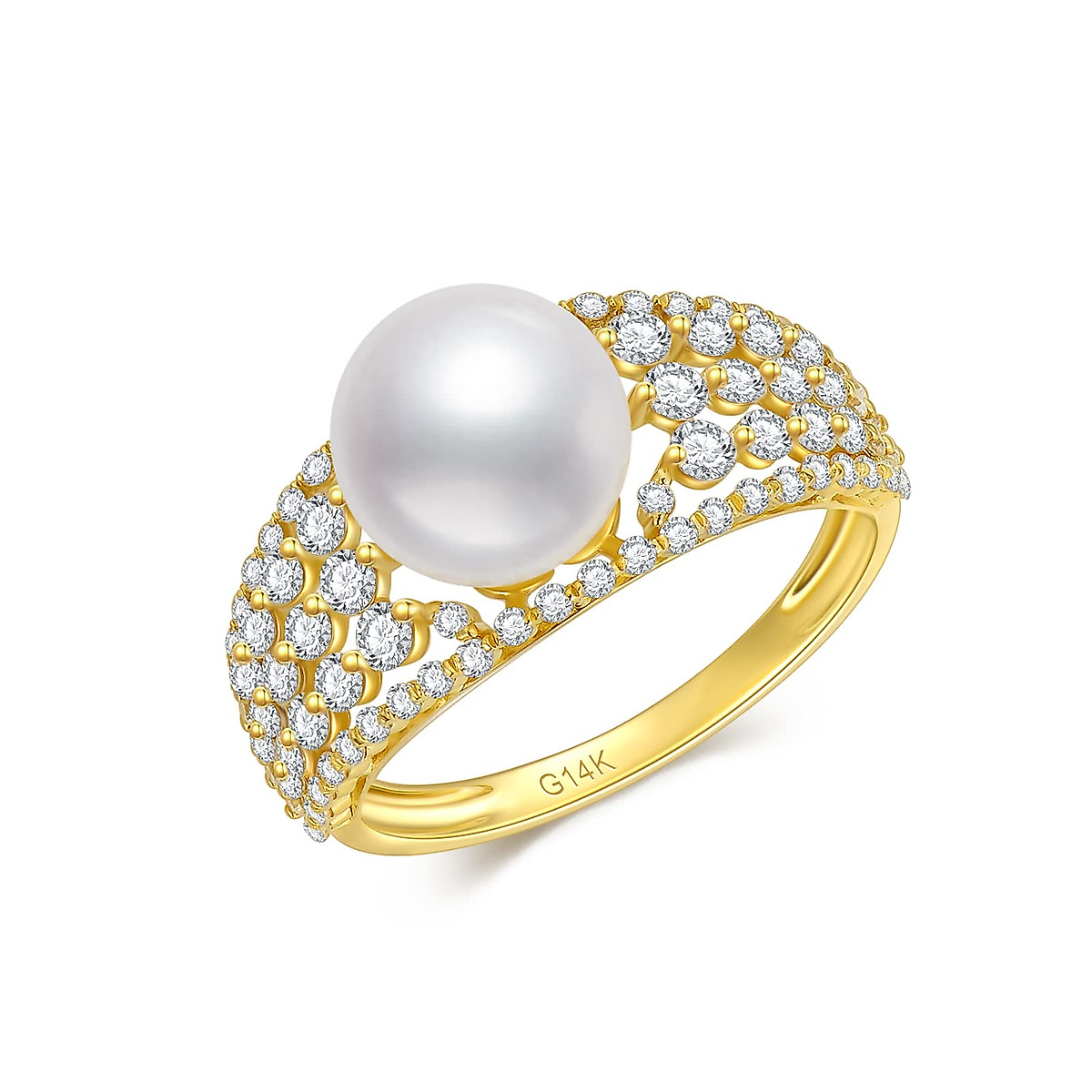 SISGEM Solid 14K Gold 9MM Freshwater Pearl Wedding Ring for Women,Yellow Gold 5A CZ Pearl Engagement Ring/Wedding Anniversary Birthday Gifts for Her,Size 5-11