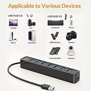 USB Hub, iDsonix USB Splitter Hub 7 Ports Portable Hub USB Hub Multi Port USB Expansion Hub Extension Extender for Laptop, iMac, Surface Pro, XPS, USB Flash Drives, Mobile HDD, Printer, Camera, etc