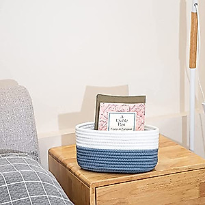 Hombins 3 Set Cotton Rope Storage Baskets with Handles | Round Baskets Set for Organization, Toy Basket, Small Soft Baby Nursery Baskets, Cat Dog Toy Basket, Gift, White&Blue