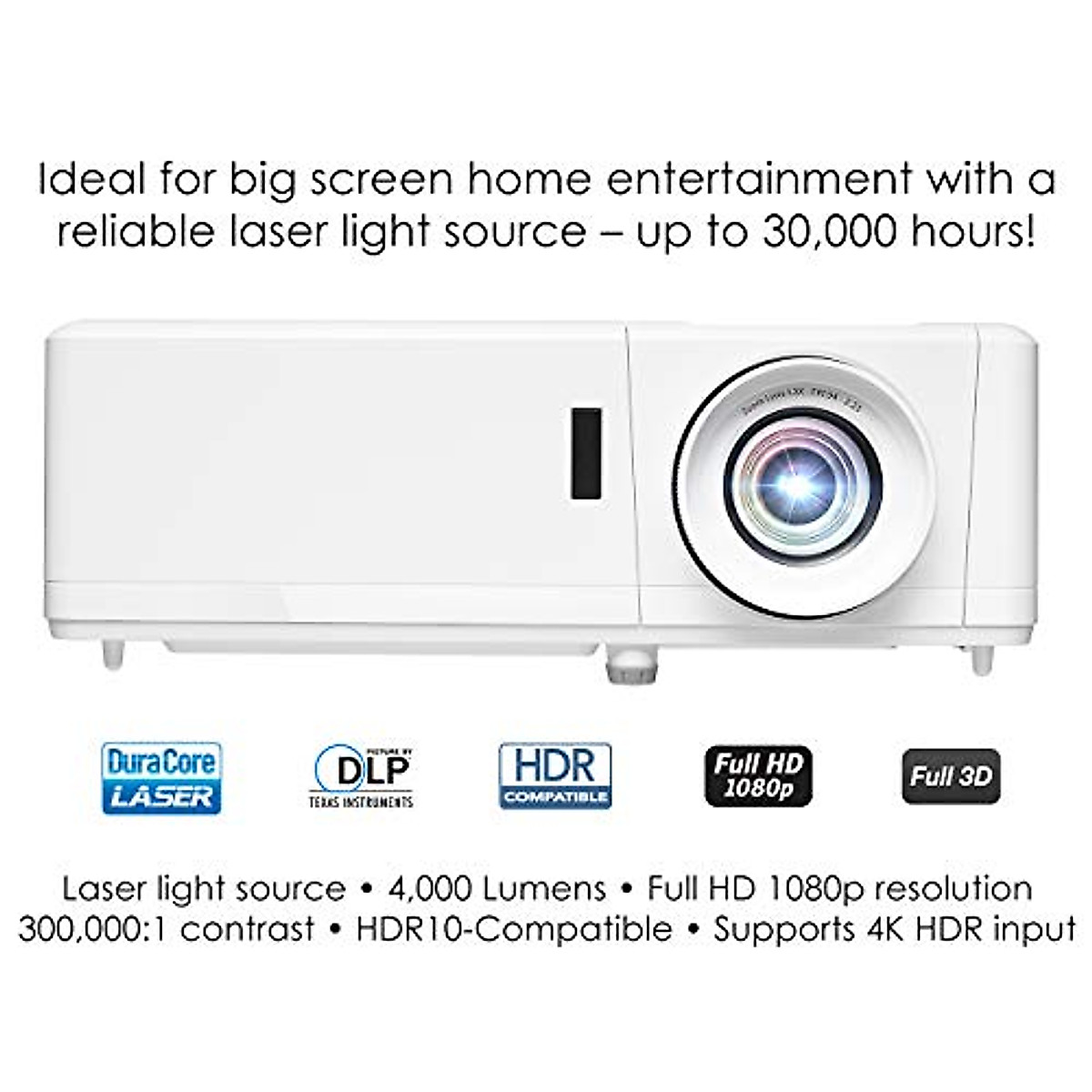 Optoma HZ39HDR Laser Home Theater Projector with HDR | 4K Input | 4000 lumens | Lamp-Free Reliable Operation 30,000 hours | Easy Setup with 1.3X Zoom | Quiet Operation 32dB | Crestron Compatible,White