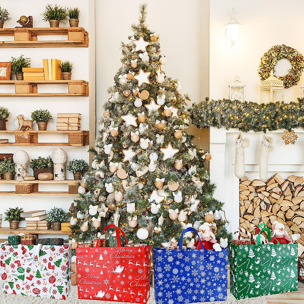 Wesnoy 36 Pcs Extra Large Christmas Gift Bags Giant Tote Bags with Handles 19.69 x 7.09 x 14.96 Inches Reusable Non Woven Jumbo Shopping Bags Xmas Treat Wrapping Bags Party Supplies (Deer)