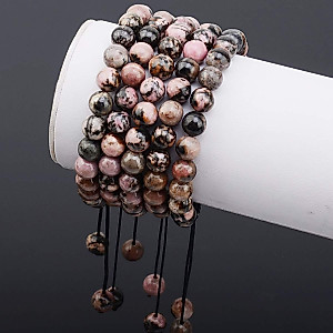 Massive Beads Natural Braided Macrame Bracelet 8mm Crystal Gift(Pink Black Rhodonite)