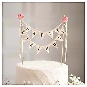 Happy Birthday Cake Bunting Topper Cake Topper Garland, Handmade Pennant Flags with Wood Pole Ivory (With Pink Rose)
