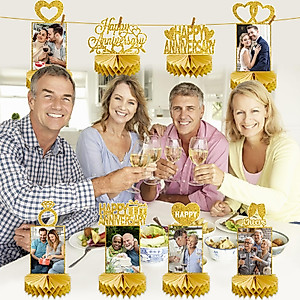 Eucutur 8Pcs Gold Happy Wedding Anniversary Decorations Honeycomb Centerpiece, Gold Glitter Anniversary Photo Table Centerpiece Party Supplies, 25th 30th 40th 50th 60th Gold Anniversary Table Topper