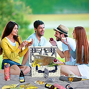 HYBDAMAI Willow Picnic Basket Set for 4 Persons with Waterproof Picnic Blanket, Wicker Picnic Basket for Camping, Outdoors, Valentine's Day, Christmas, Thanksgiving, Birthday