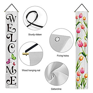 AVOIN Spring Welcome Tulip Wood Porch Sign, Butterfly Holiday Wedding Anniversary Mother's Day Hanging Banner Flag for Yard Indoor Outdoor Wedding Party 12 x 72 Inch