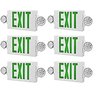 JW LIGHTING LED Exit Signs with Emergency Lights, Double Sided Adjustable LED Emergency Combo Light with Backup Battery, Hard Wired, Commercial Grade, 120-277V, Fire Resistant (UL 924) Green 6 Pack