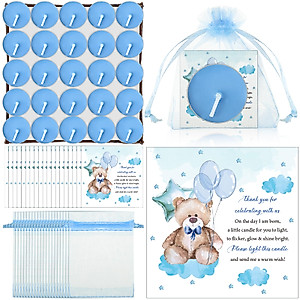 Colarr 50 Set Baby Shower Candle Favors Bear Themed Baby Shower Favors Gifts for Guest, Include 50 Tea Light Candles 50 Thank You Tags and 50 Return Gift Bags for Gender Reveal (Blue, Cute Style)