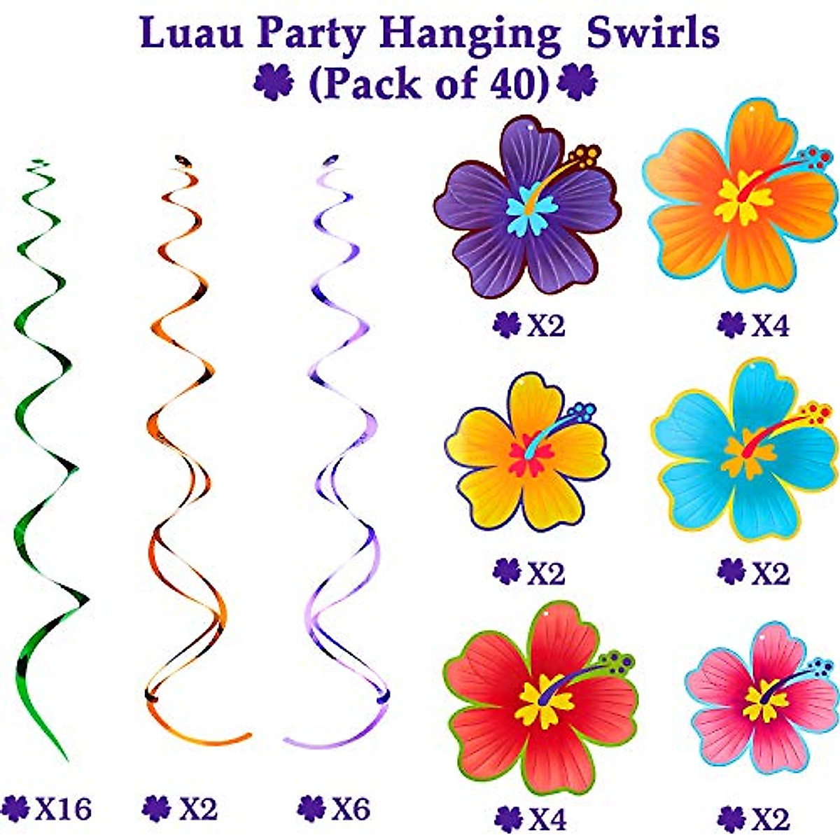 WILLBOND 40 Pieces Hawaiian Tropical Luau Party Hanging Swirls Hanging Hibiscus Swirls Flower Foil Swirl Decorations Ceiling Decorations for Summer Tropical Hawaiian Theme Party Decoration Supplies