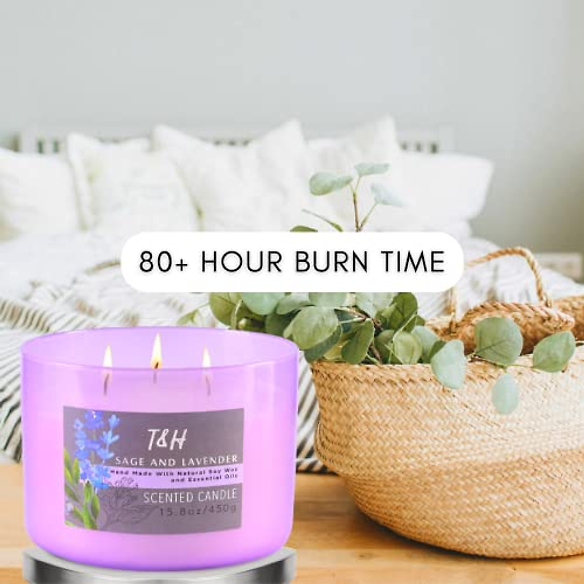 Sage Lavender Scented Candle 3 Wick | Aromatherapy Relaxing & Energy Cleansing Candle with Cedarwood, Clove & Eucalyptus 15.8 oz | Sage Candles for Cleansing House | Large Natural Soy Candles for Home