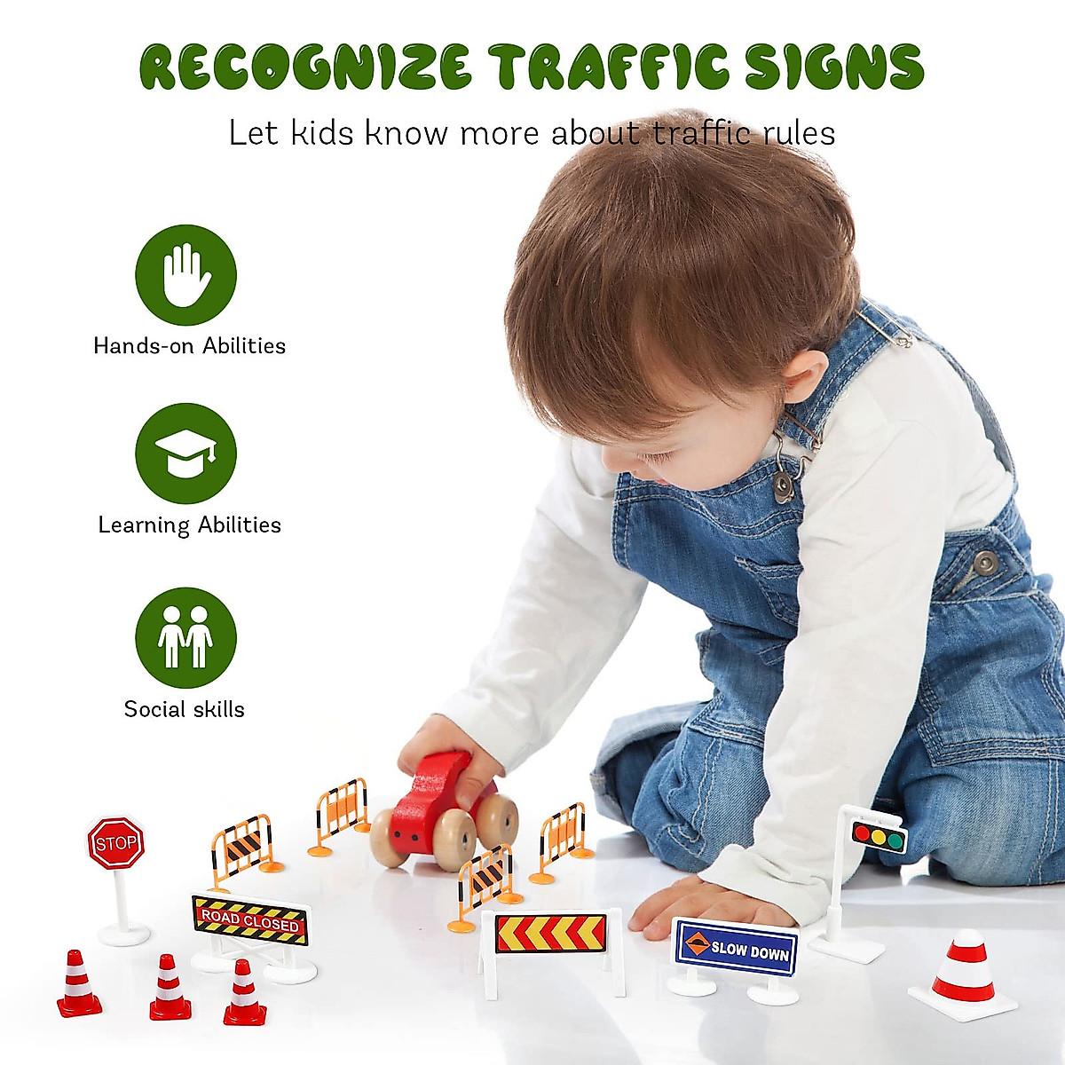1Set Play Traffic Signs, Street Road Signs Playset for Car & Train Set for Kids, Kids Road Signs Toy Traffic Cones Mini Roadblocks Toyset Educational Toys