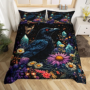 Erosebridal Crow Comforter Cover Full Size, Halloween Raven Bedding Set for Kids Teens Adult Women, Black Bird Animal Duvet Cover Flower Daisy Floral Quilt Cover Rustic Farmhouse Decoration