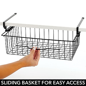 mDesign Large Metal Wire Hanging Pullout Drawer Basket - Sliding Under Shelf Storage Organizer - Attaches to Shelving - Easy Install - 4 Pack - Black