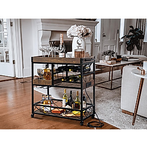 Ohsuaniy Bar Cart with Power Outlet, Industrial Kitchen Serving Cart with Wine Rack & Glass Holder, Coffee Bar Table Station with Storage, Rolling Cart on Wheels with 59IN Cord, Brown