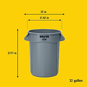Rubbermaid Commercial Products BRUTE Heavy-Duty Trash/Garbage Can, 32-Gallon, Gray, Waste Container Home/Garage/Mall/Office/Stadium/Bathroom