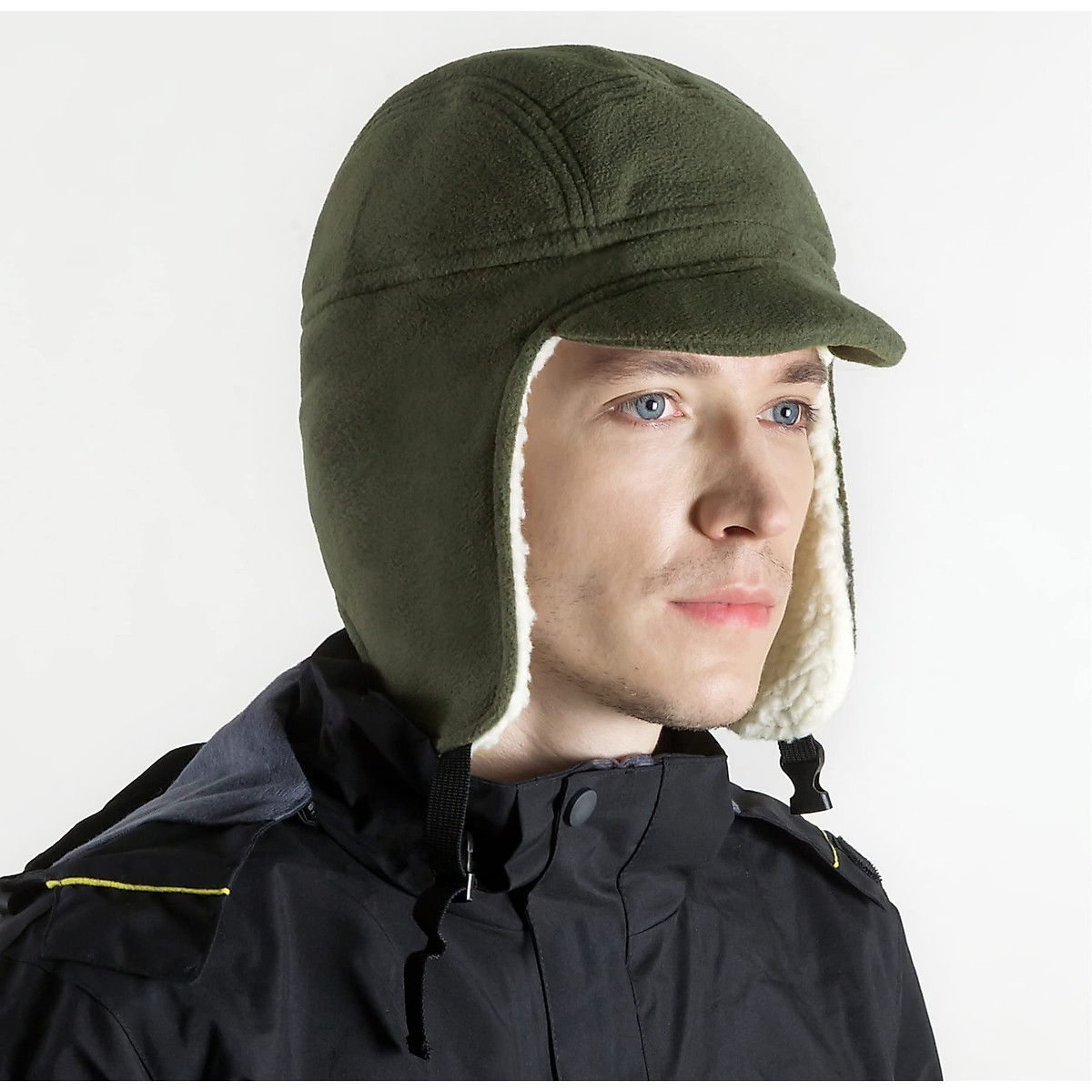 Connectyle Mens Fleece Beanie Hat with Ear Flap Warm Winter Hats with Brim Outdoor Fishing Skull Cap Army Green