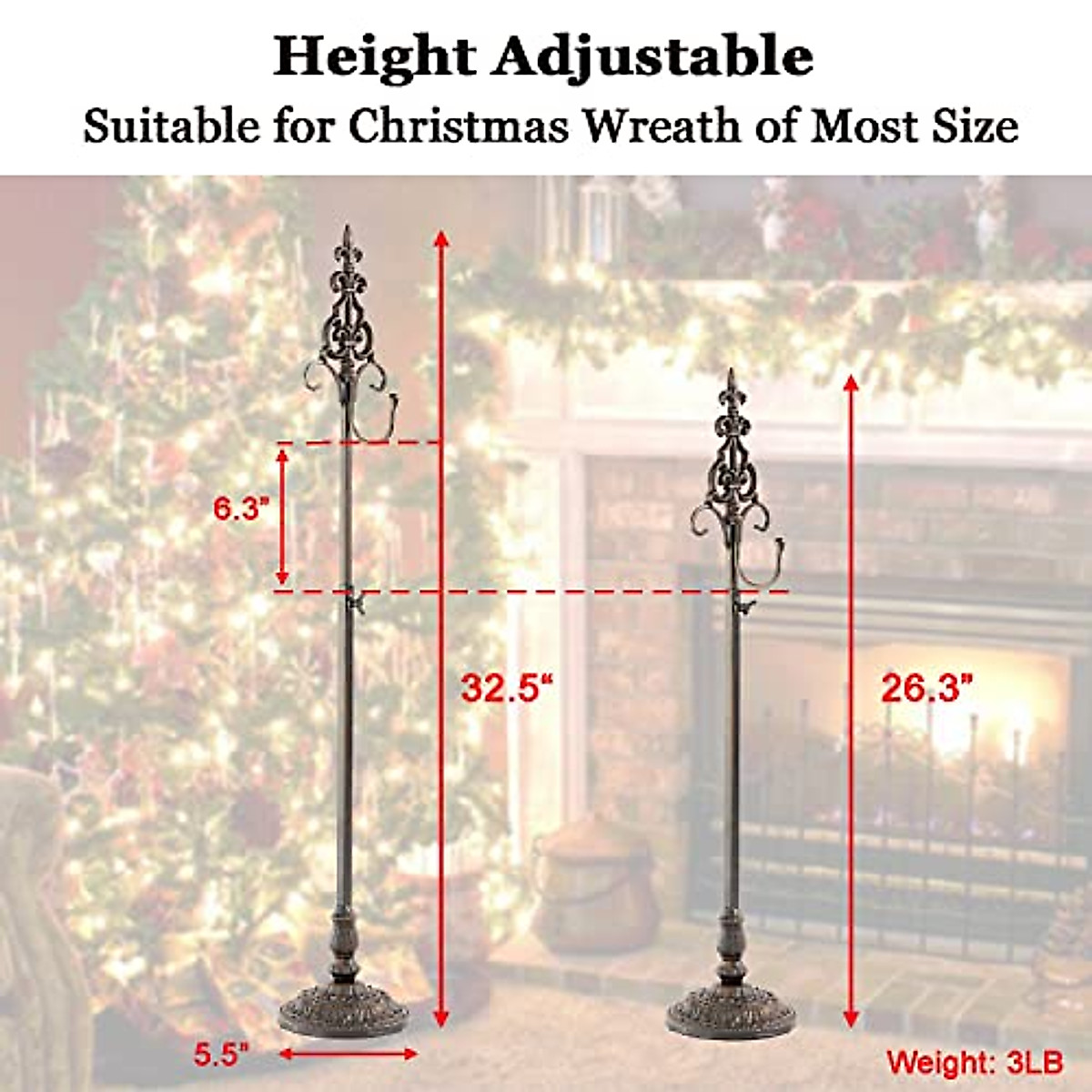 Wreath Stands for Display, Metal Wreath Holder Stand, Standing Wreath Hanger Stand with Study Wrought Iron Base, Adjustable Tabletop Display Stand for Christmas and New Year Wreath, Wedding Party Decor