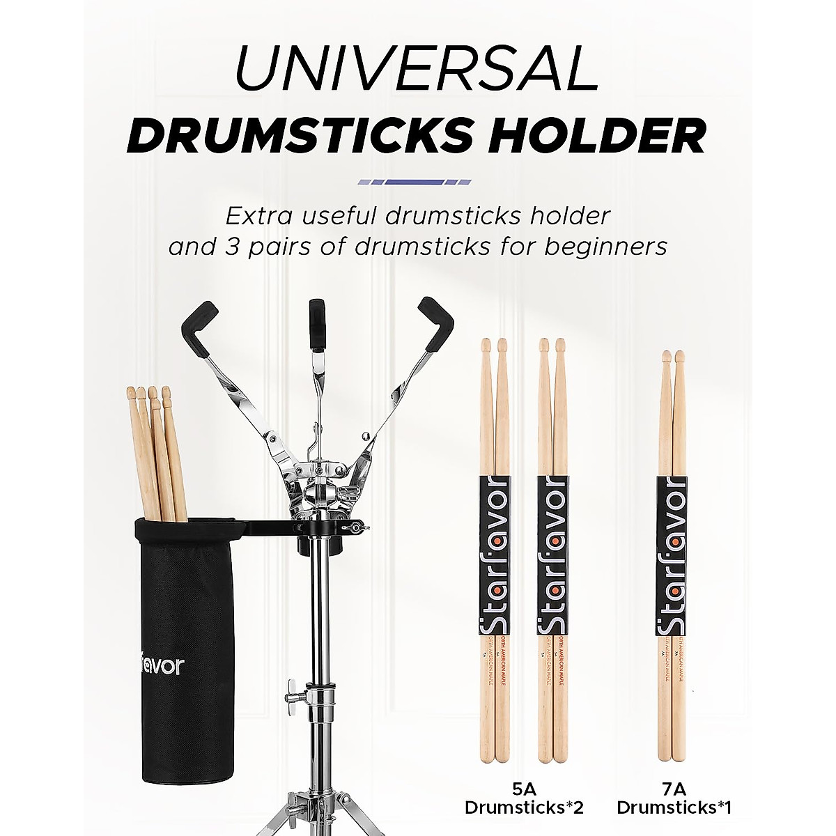 Starfavor Drum Practice Pad with Snare Drum Stand Set, 12-Inch Double Sided Silent Practice Pad Kit with Drum Sticks, Drumstick Holder, Luminous Carrying Bag, Black (Fits 8''-15'' Drums)